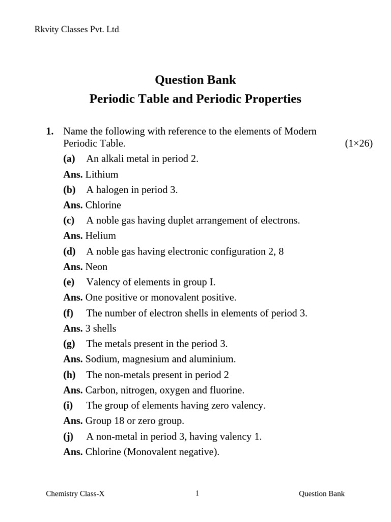 Question Bank Periodic Table and Periodic Properties | PDF | Periodic ...