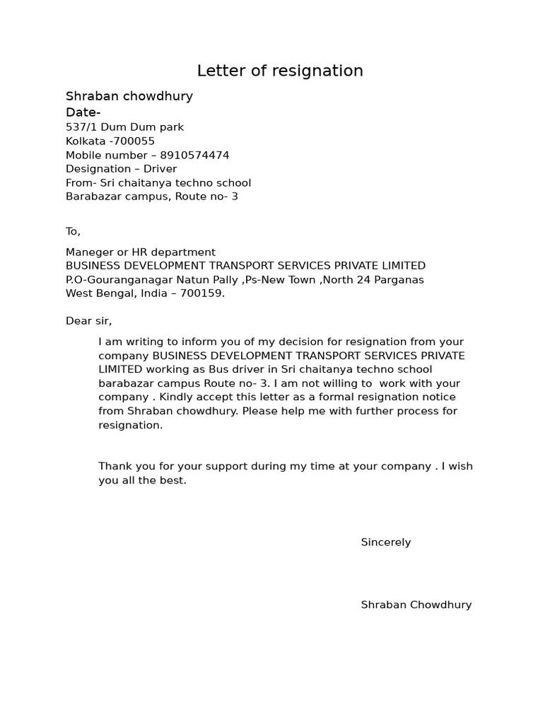 School Bus Driver Resignation Letter | PDF