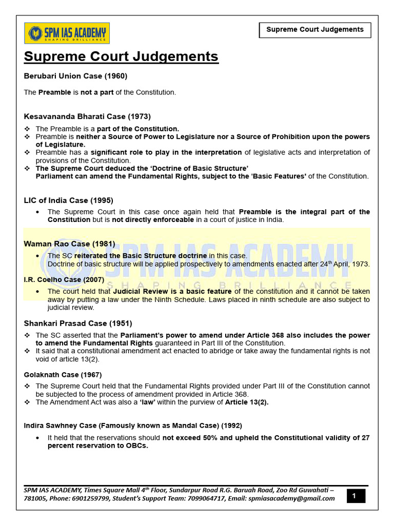 Key Supreme Court Judgements Summary | PDF | Political Charters | Justice