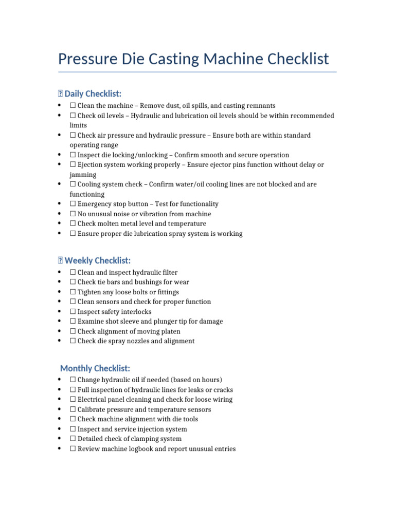 Pressure Die Casting Machine Maintenance Checklist | PDF