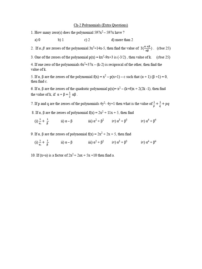 Ch-2 Polynomial Extra Ques. Based On Roots | PDF