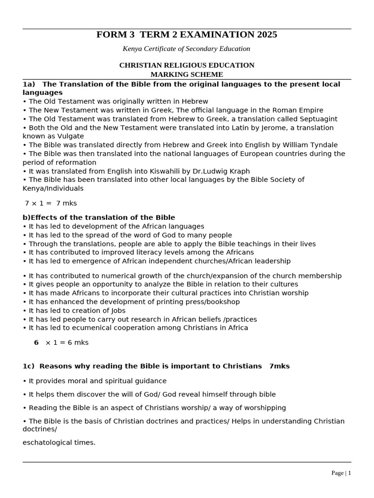 Cre Form 3 Marking Scheme | PDF | Jesus | Resurrection Of Jesus