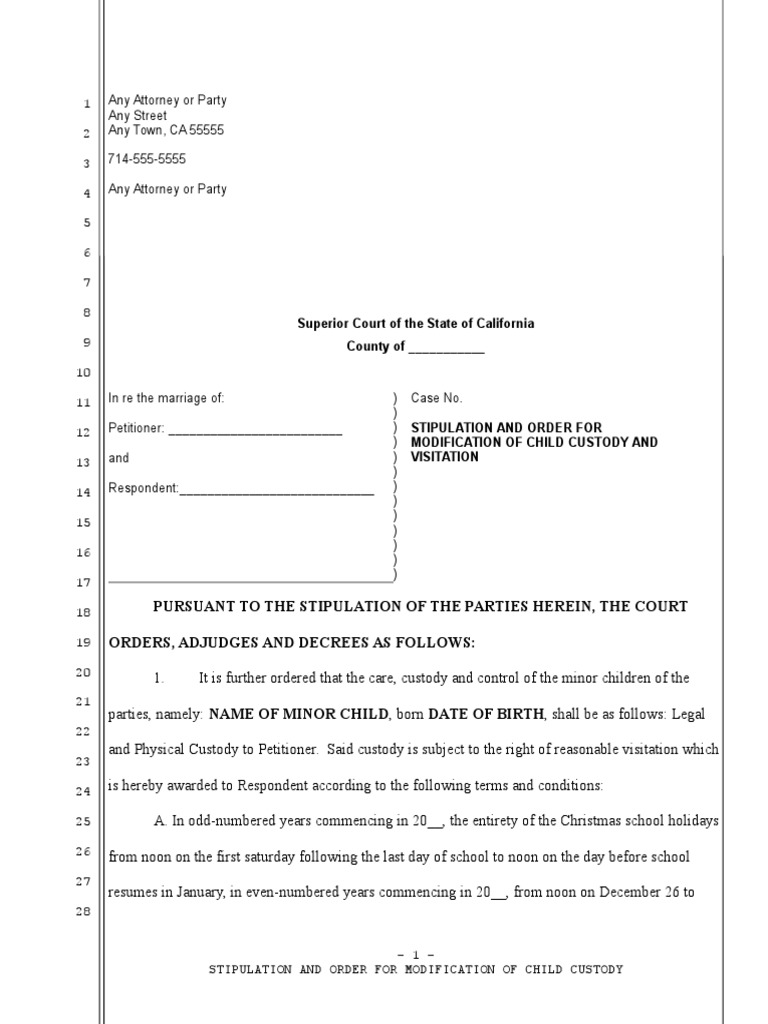 Child Custody Stipulation Template CA | PDF | Contact (Law) | Child Custody
