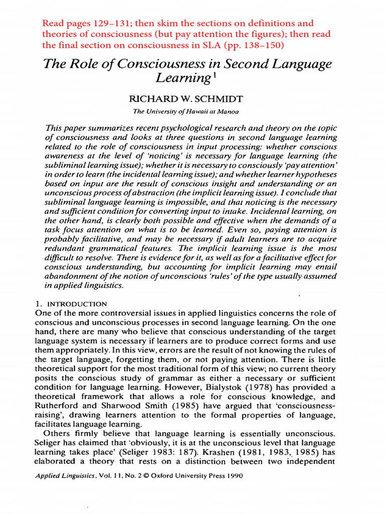 Schmidt - 1990 - The Role of Consciousness in Second Language Learning | PDF | Consciousness ...
