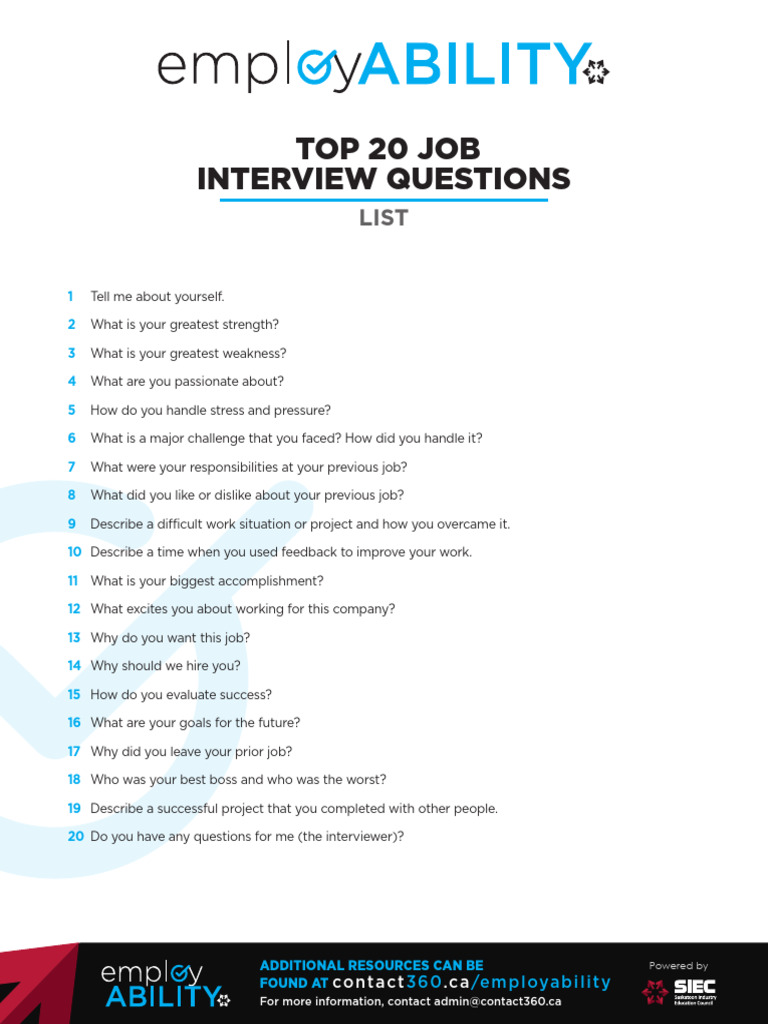 Top 20 Job Interview Questions List | PDF