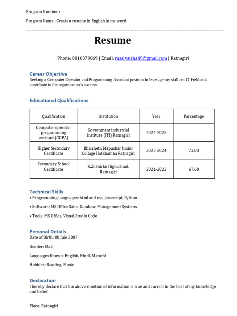 Atharv Sonar Resume English | PDF