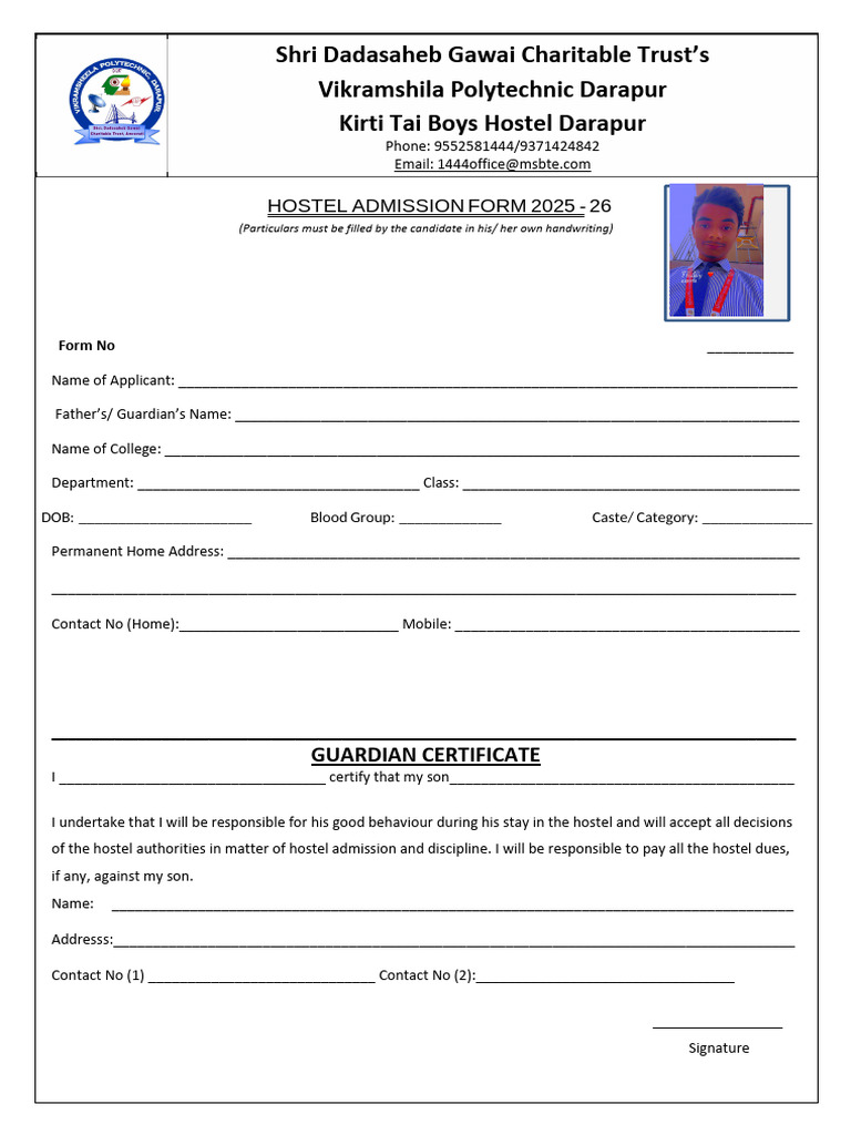Hostel Admission Form 2025-26 | PDF