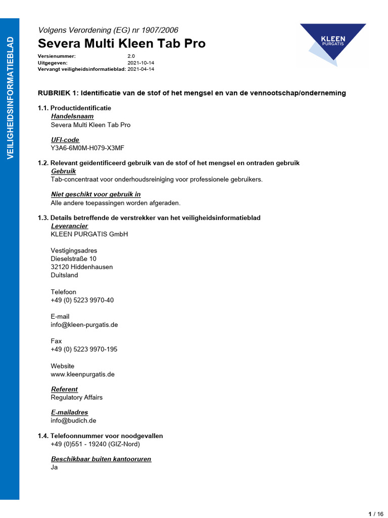 Veiligheidsinformatieblad Severa Multi Kleen TAB PRO | PDF