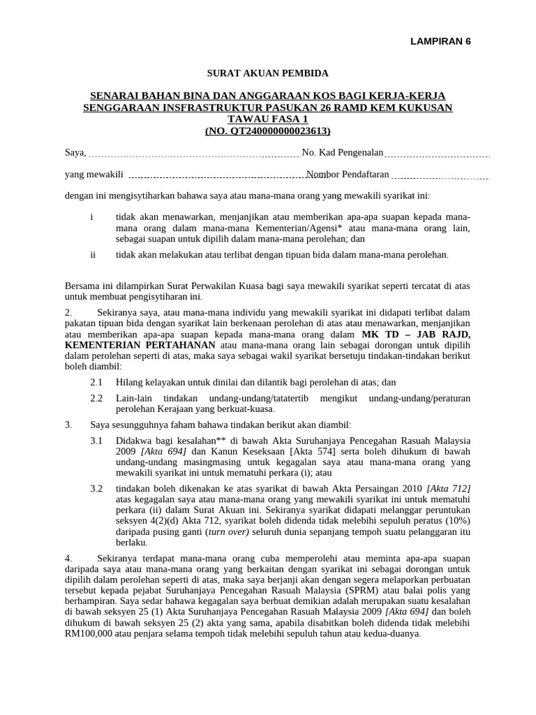 Lampiran 6 (Surat Akuan Pembida) | PDF
