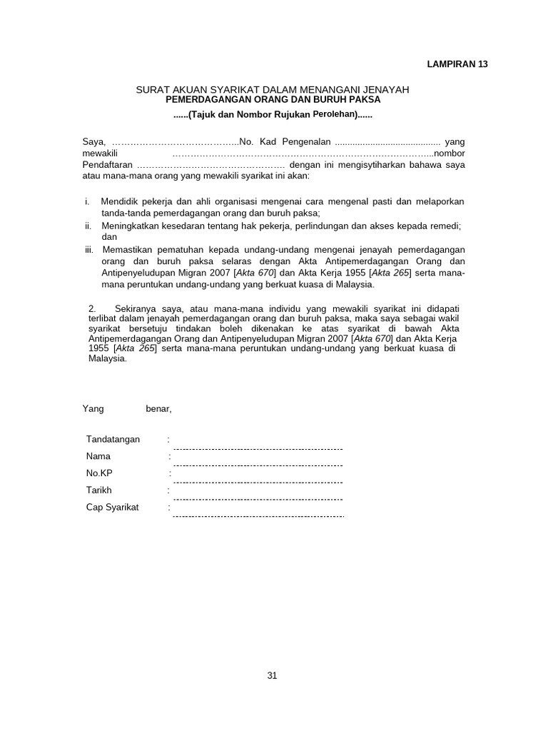 Surat Akuan Syarikat Dalam Menangani Jenayah Pemerdagangan Orang Dan Buruh Paksa - Lampiran 13 | PDF