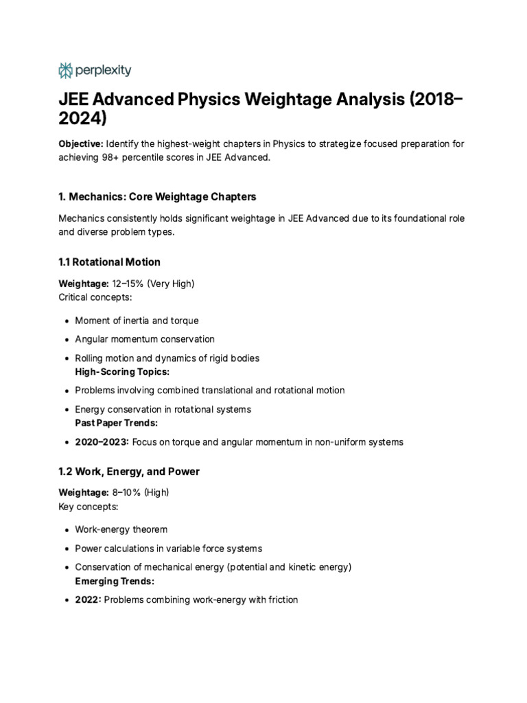 JEE Advanced Physics Weightage Analysis (2018-2024 | PDF | Optics | Force