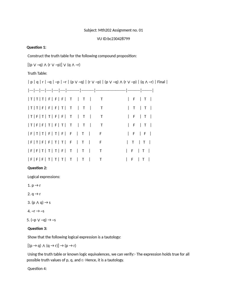 Assi No 1 MTH 202 Solution | PDF