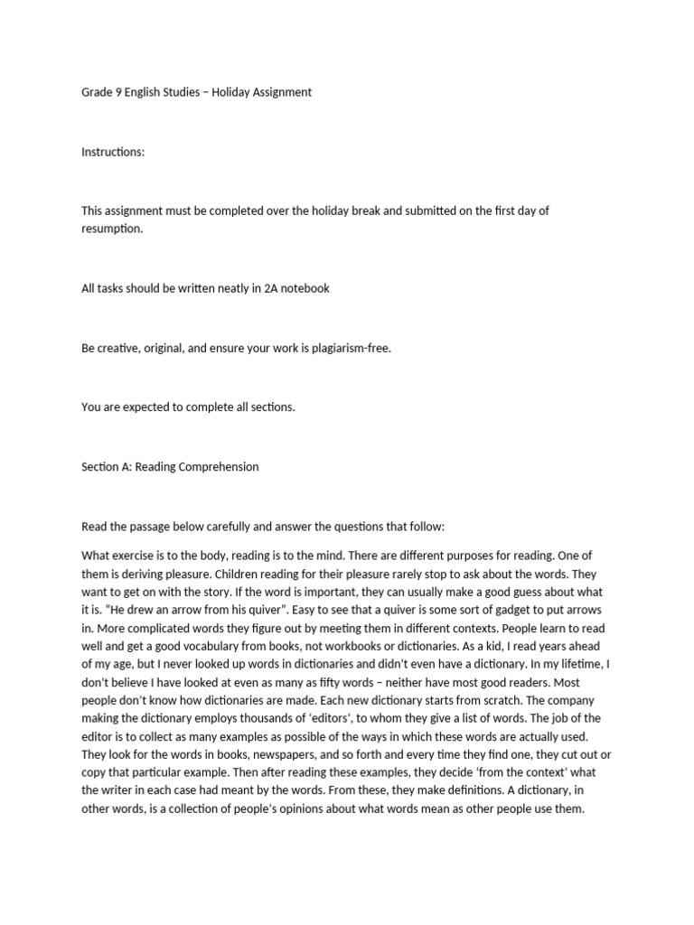 Grade 9 English-Holiday Assignment | PDF | Essays | Reading Comprehension