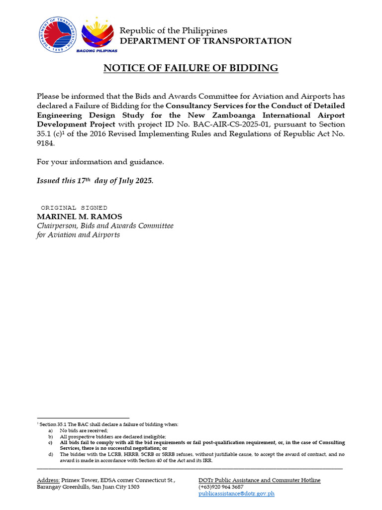 Notice of Failure of Bidding For CS New Zambo | PDF