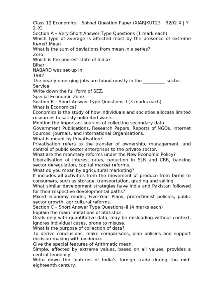 Class 12 Economics Solved Question Paper | PDF | Economics | Economic ...