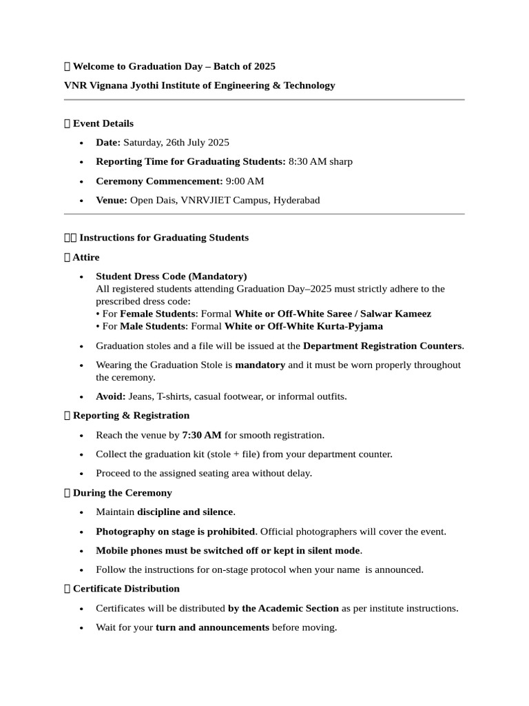 Graduation Day Instructions To Students | PDF