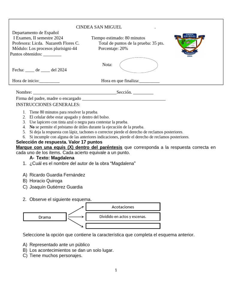 Instrucciones para Examen de Español 2024 | PDF