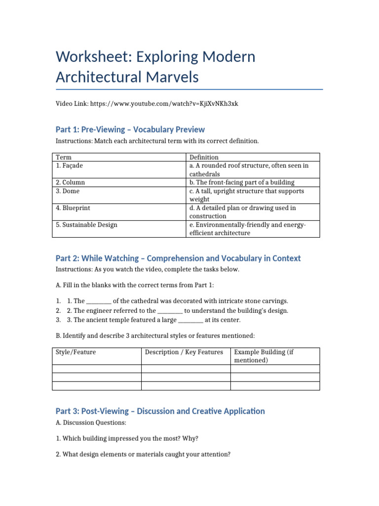 Architecture Vocabulary Worksheet | PDF