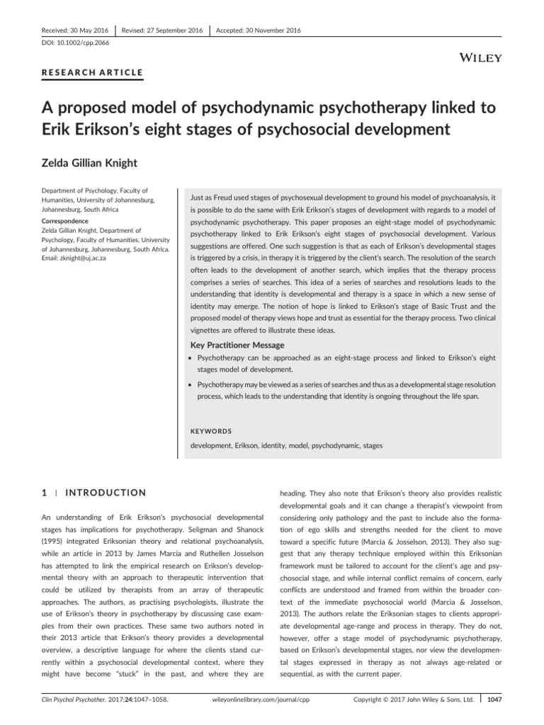 A Proposed Model of Psychodynamic Psychotherapy Linked To Erik Erikson ...