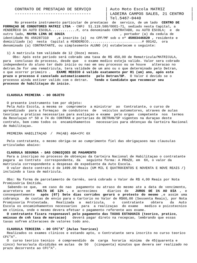 Contrato Auto Escola Matriz PDF | PDF