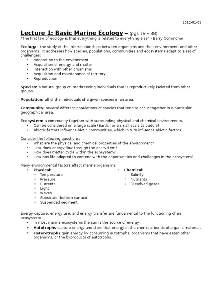 Lecture 1 - Basic Marine Ecology | PDF | Food Web | Benthic Zone