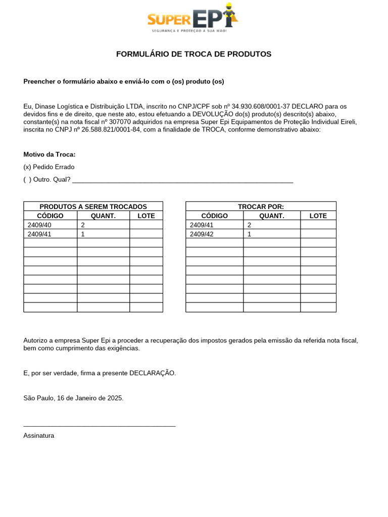 Formulário para Troca de Produtos | PDF