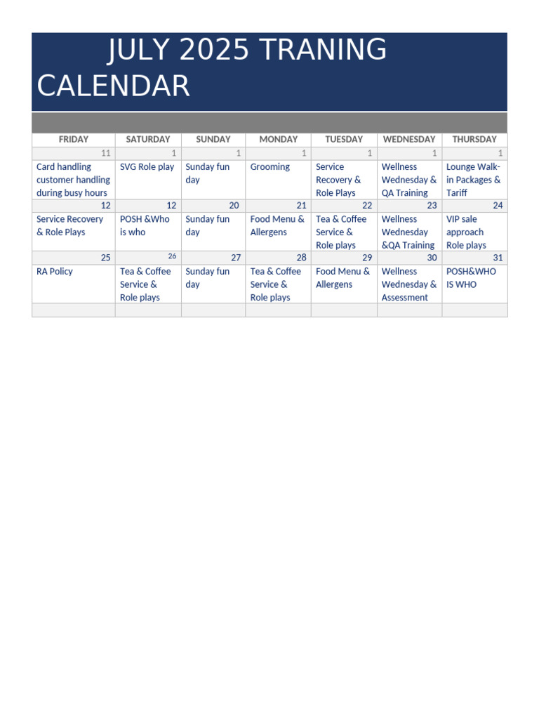 July 2025 Training Calendar Overview | PDF