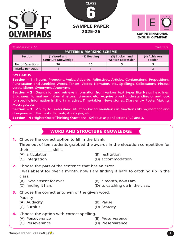 IEO Class 6 Sample Paper 2025-26 | PDF | Verb | English Language