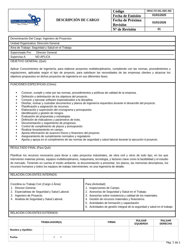 Descripción de Cargo - Ing-Pyt | PDF | Seguridad y salud ocupacional ...