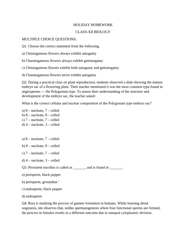 Class XII Biology Holiday Homework Guide | PDF | Fertilisation ...