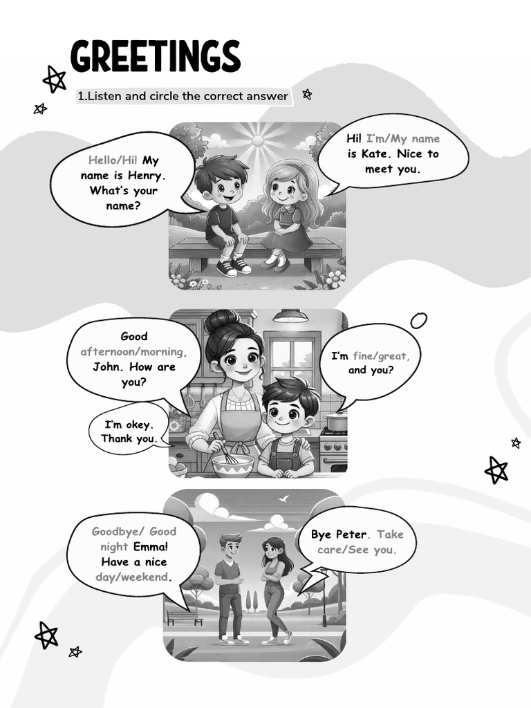 Greetings Worksheets (Unit 1 - Third Grade) | PDF