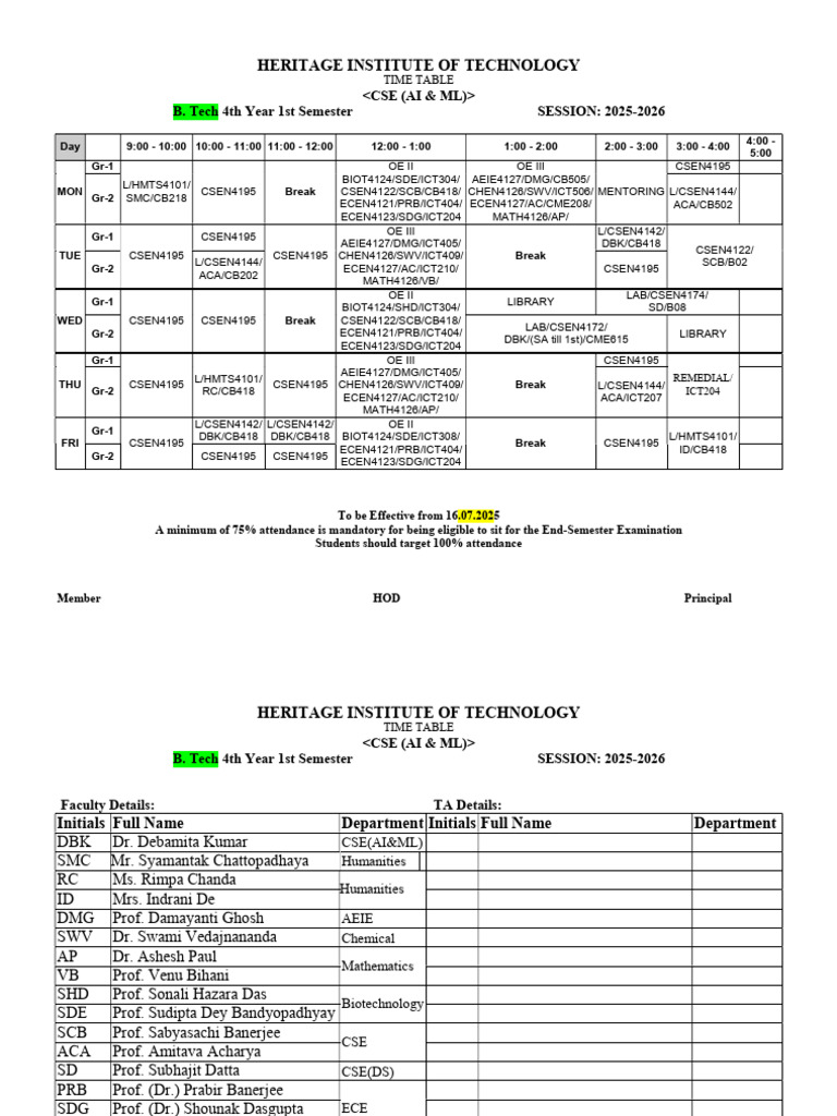 CSE 4th Year Semester 1 Timetable 2025 | PDF | Computing | Data ...