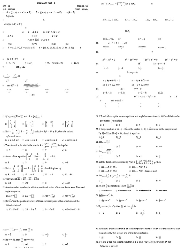 11th Grade Maths One Mark Test | PDF | Triangle | Mathematics
