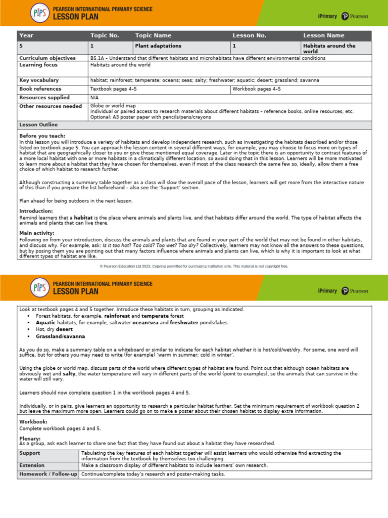Ip Pips Lesson Plan Year 5 Topic 1 | PDF | Habitat | Leaf