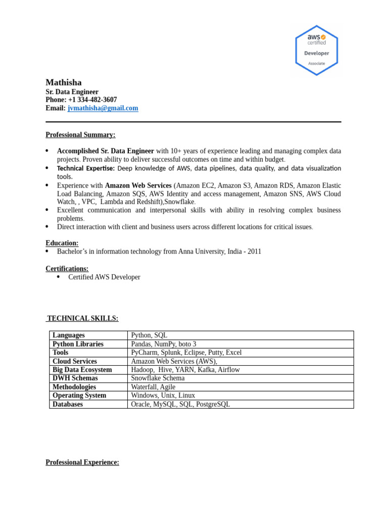Mathisha Resume Dataengineer | PDF | Amazon Web Services | Cloud Computing
