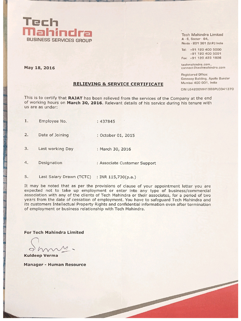 Tech Mahindra Experience Letter | PDF