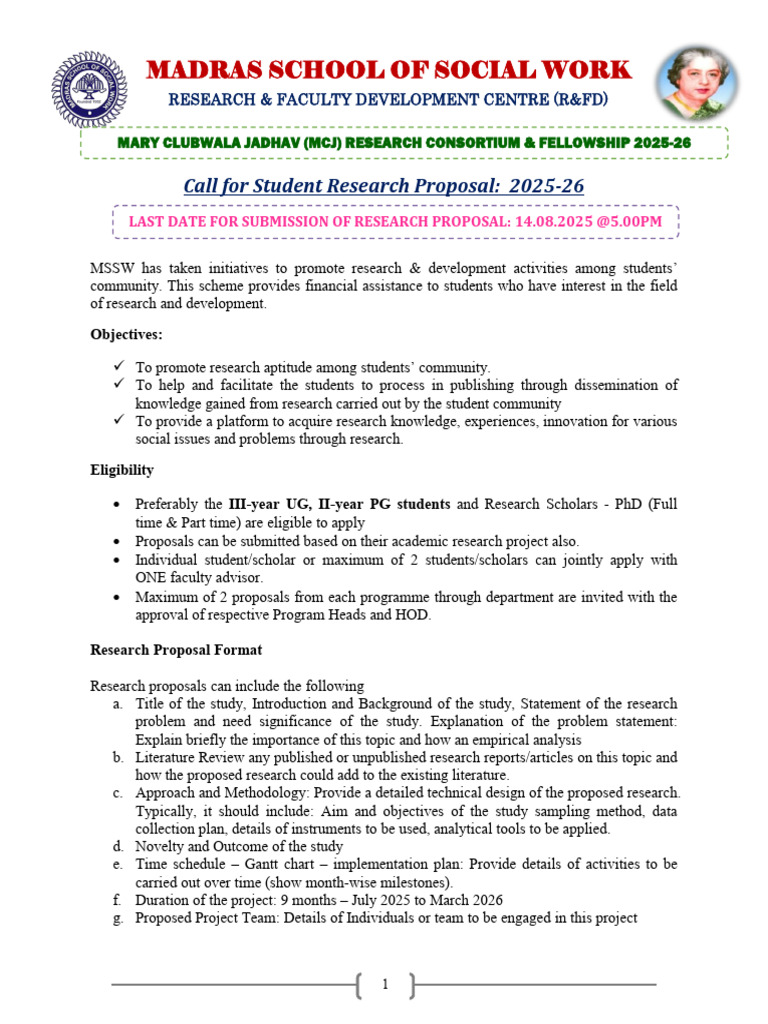 MSSW Call For MCJ Student Research Proposals 2025-26 | PDF | Institutional Review Board | Doctor ...