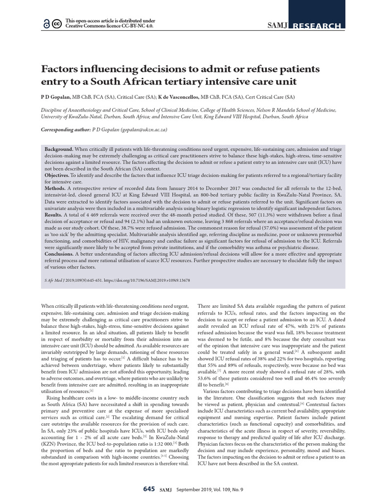 Factors Influencing Decisions To Admit or Refuse Patients Entry To A ...