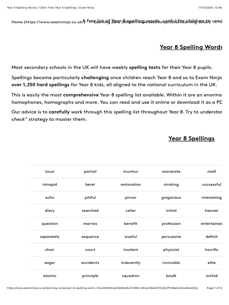 Year 8 Spelling Words - 1250+ Free Year 8 Spellings - Exam Ninja | PDF