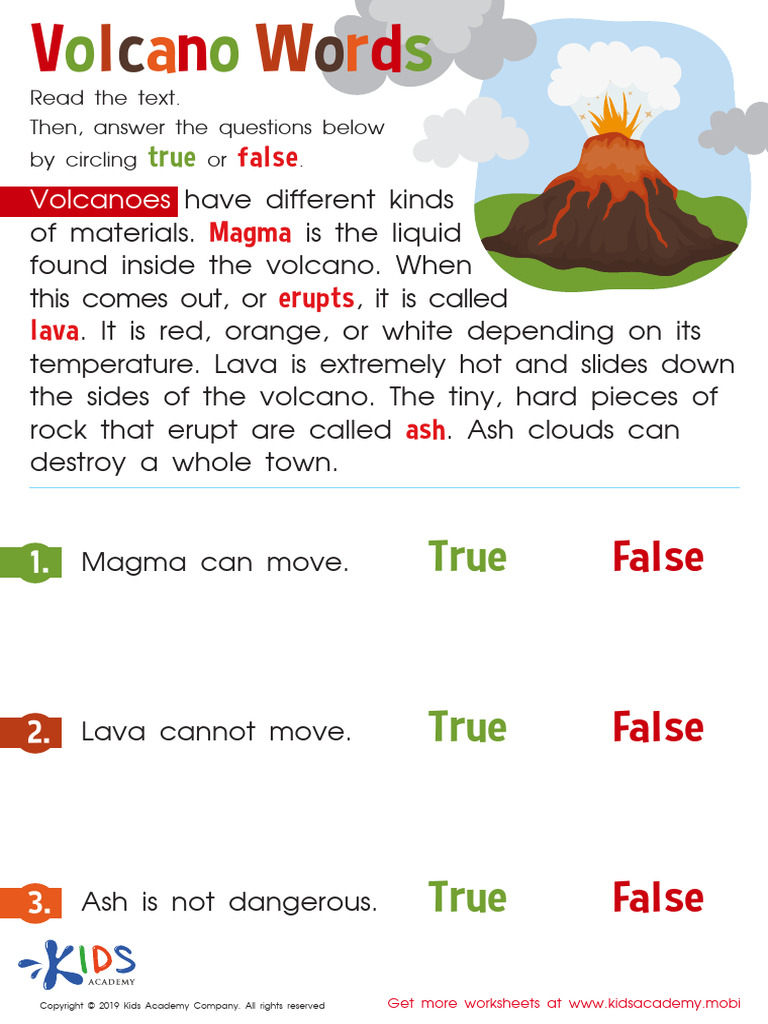 Grade 3 Volcano Words Worksheet | PDF