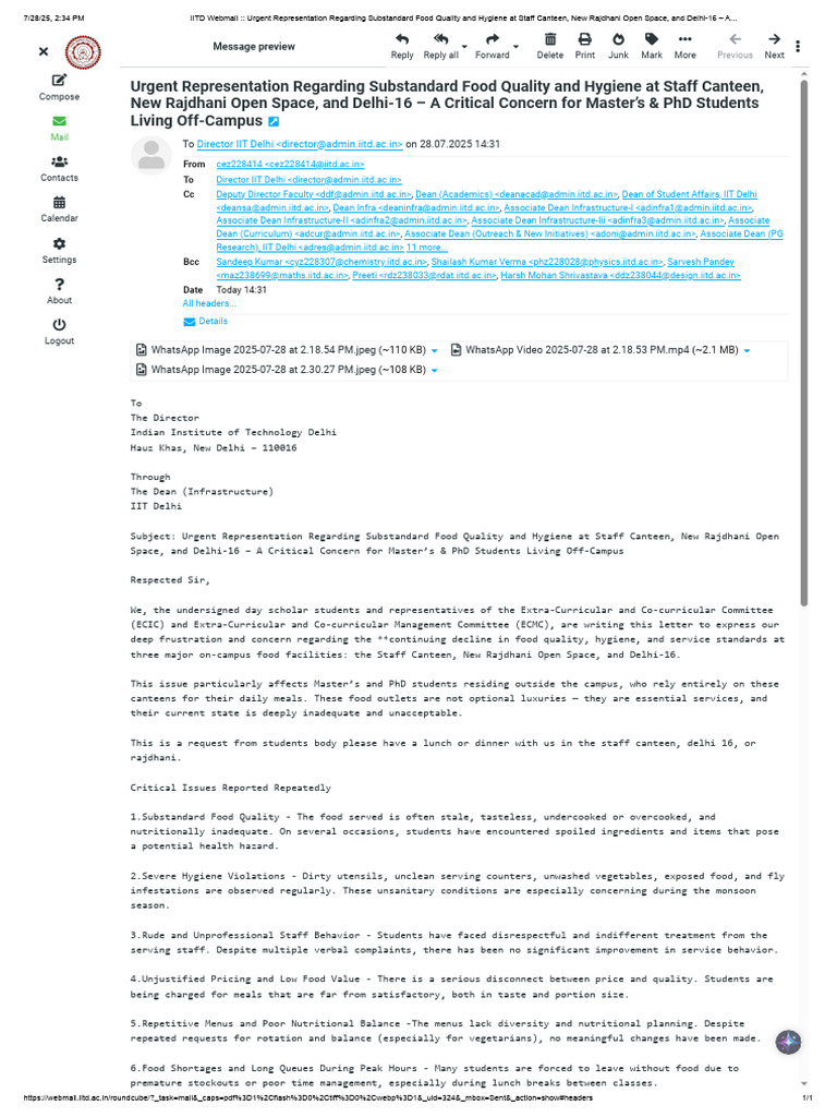 IITD Webmail - Urgent Representation Regarding Substandard Food Quality ...
