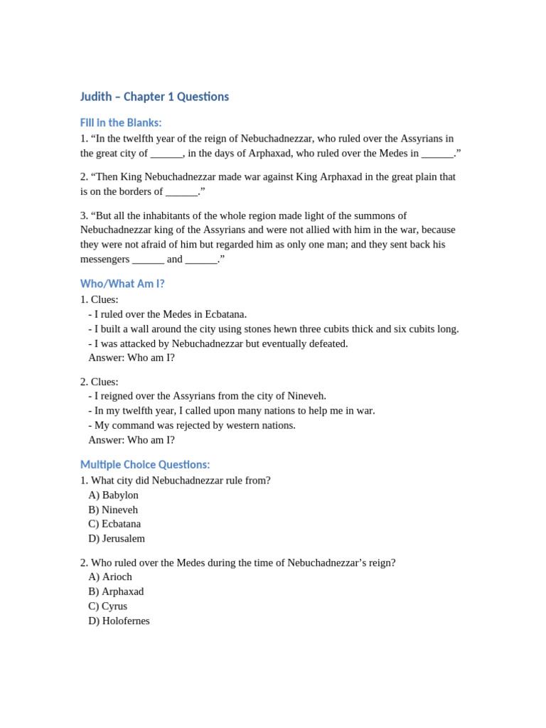 Judith Chapter 1 Questions | PDF