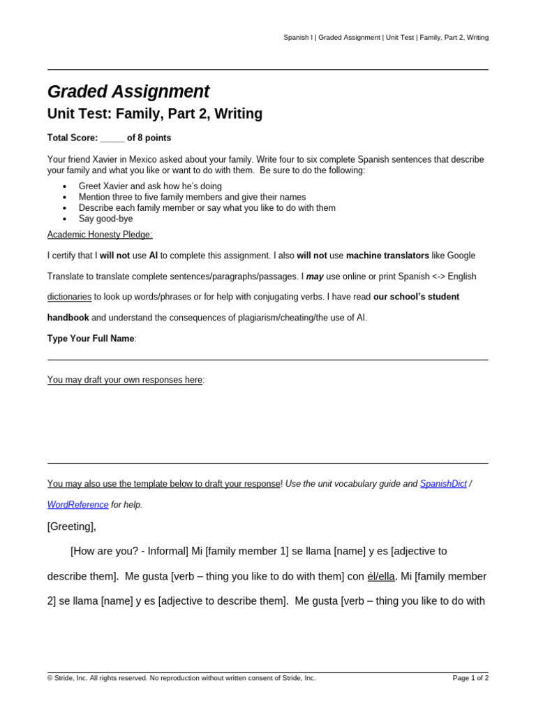 Spanish I Family Writing Assignment | PDF