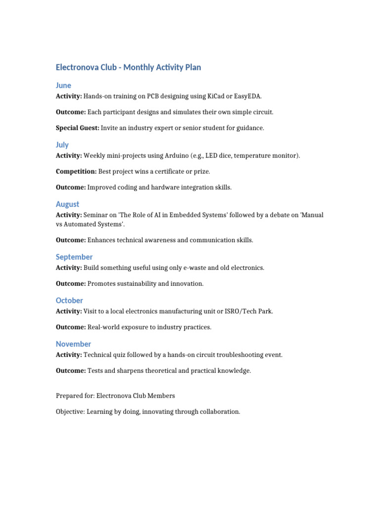 Electronova Club Monthly Activities Plan | PDF