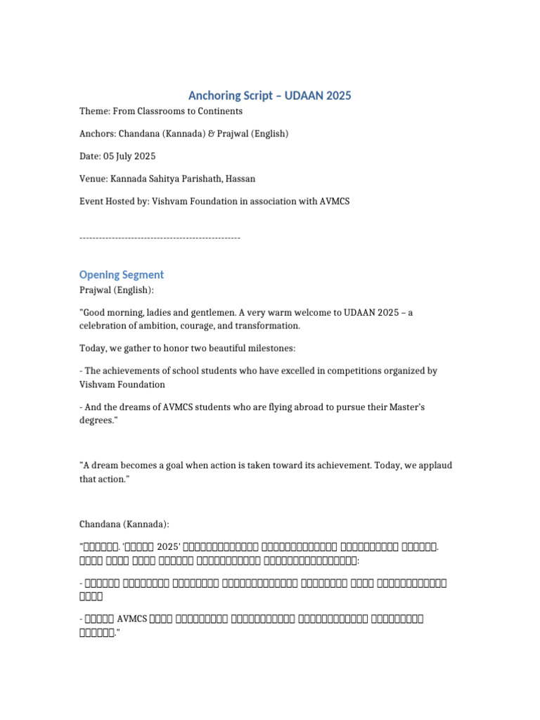 UDAAN 2025 Anchoring Script | PDF