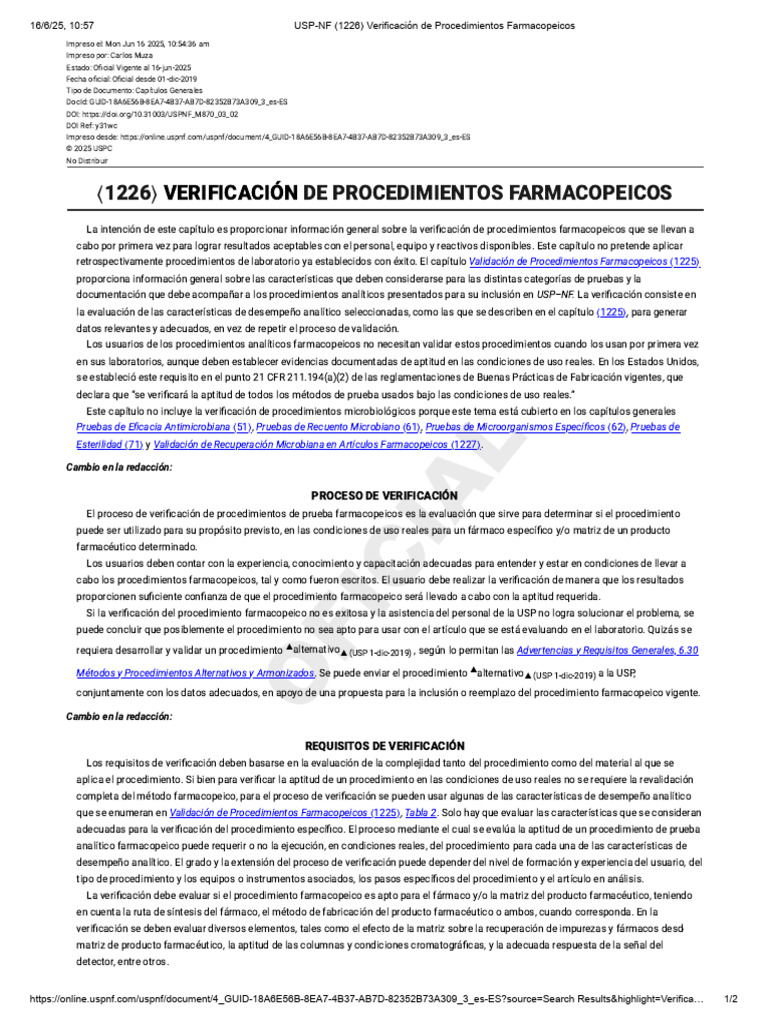 USP-NF 1226 Verificación de Procedimientos Farmacopeicos | PDF | Medicamentos con receta ...