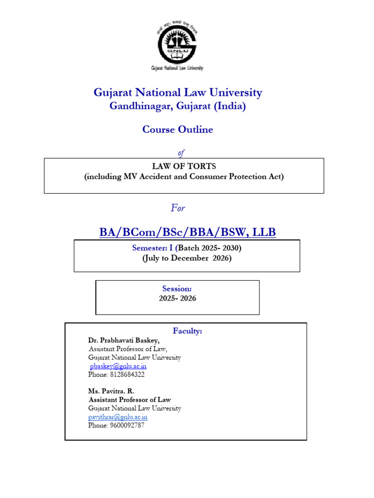 Law of Torts Course Outline | PDF | Tort | Civil Law (Legal System)