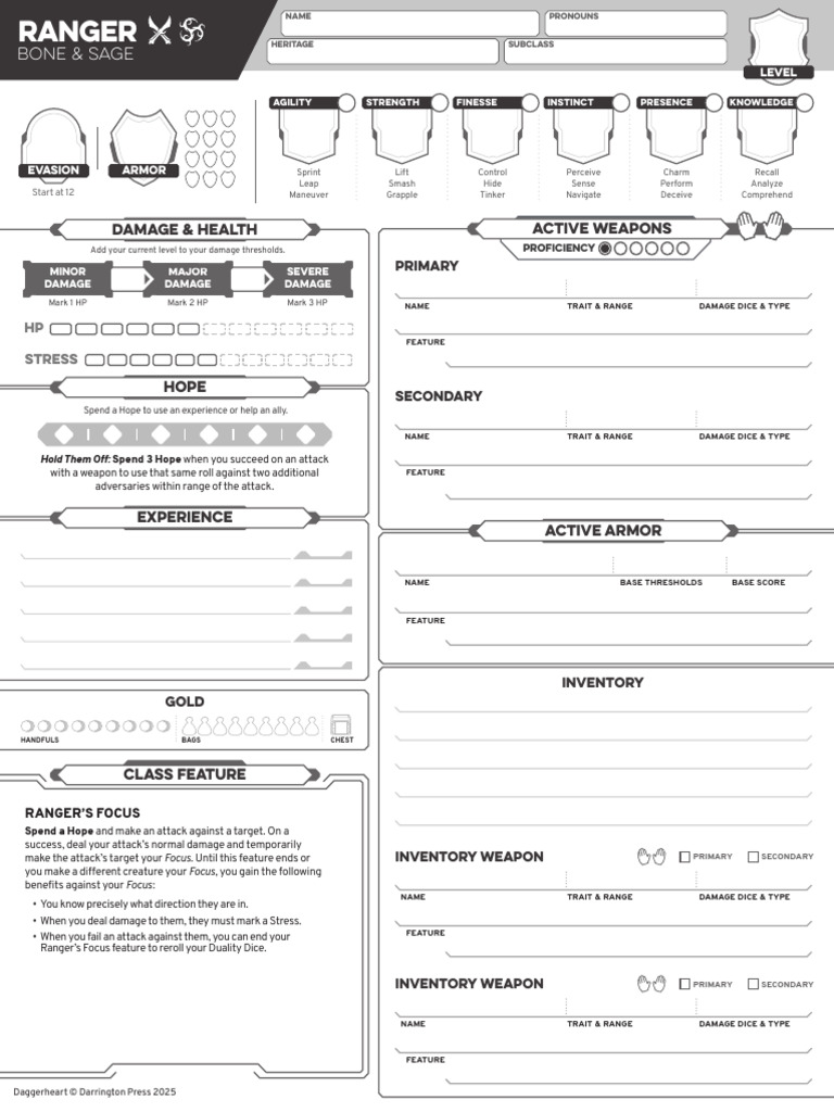 Daggerheart Ranger Companion Sheet | PDF