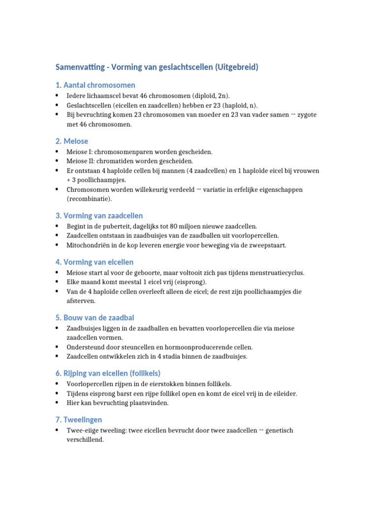 Samenvatting - Vorming Van Geslachtscellen (Uitgebreid) : 1. Aantal Chromosomen | PDF