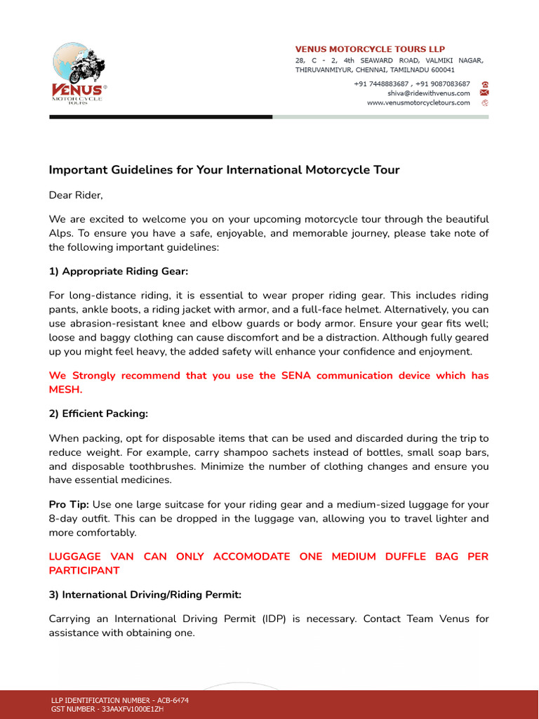 Guidelines for Your Alps Motorcycle Tour | PDF